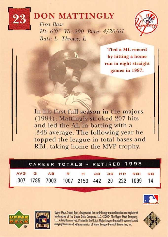 2004 Upper Deck Sweet Spot Don Mattingly #23 NM/MT NEW YORK YANKEES | eBay