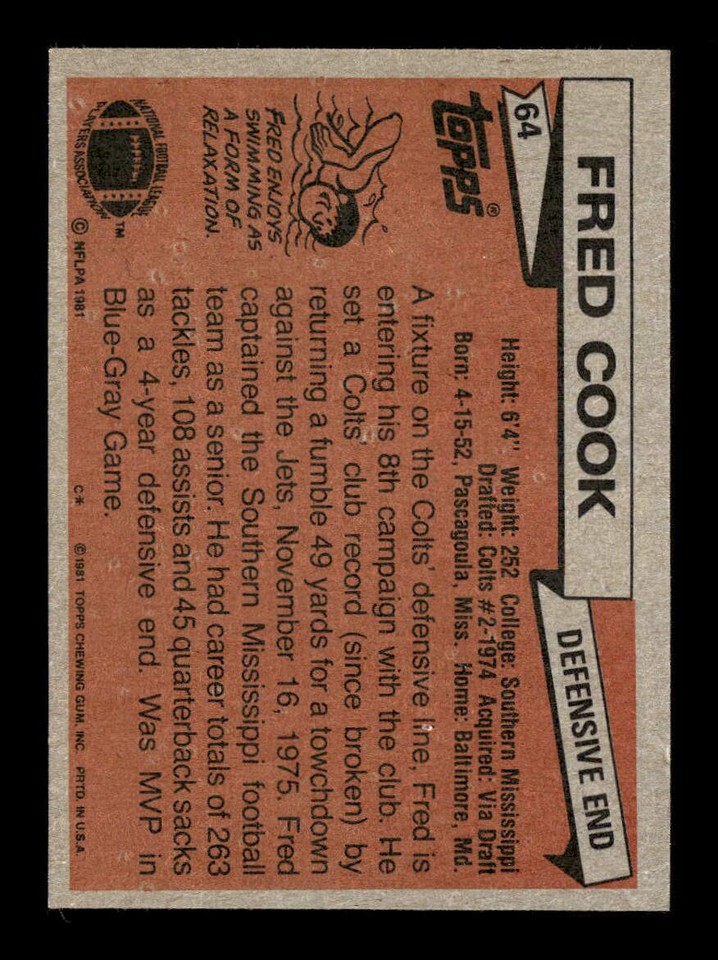 1981 Topps #64 Fred Cook Baltimore Colts NM+ Football Card *H504 | eBay