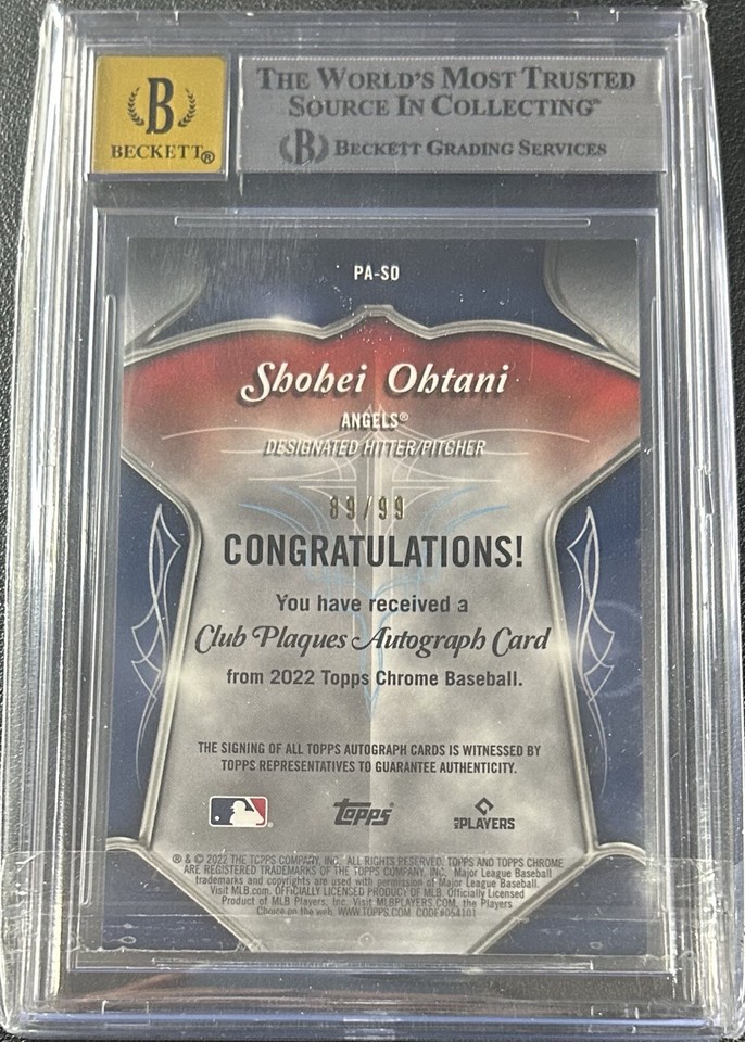 SHOHEI OHTANI BGS 8 2022 TOPPS CHROME CLUB PLAQUES REFRACTOR AUTO 89/99 ...