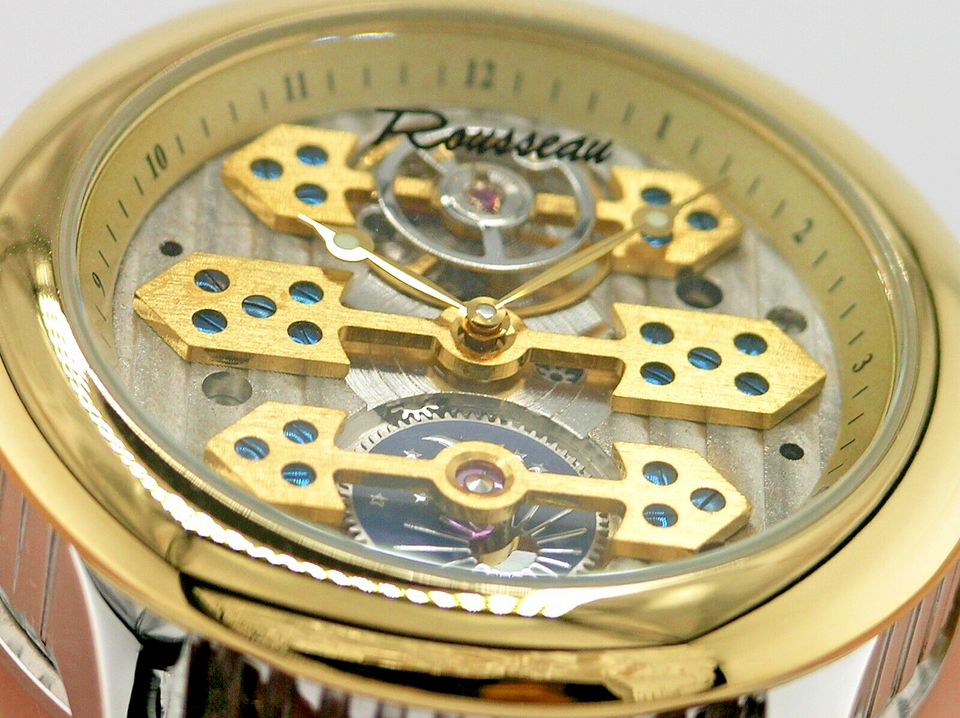 NEW ROUSSEAU GESTALT GOLD BROWN LEATHER AUTOMATIC TRIPLE BRIDGE WATCH ...