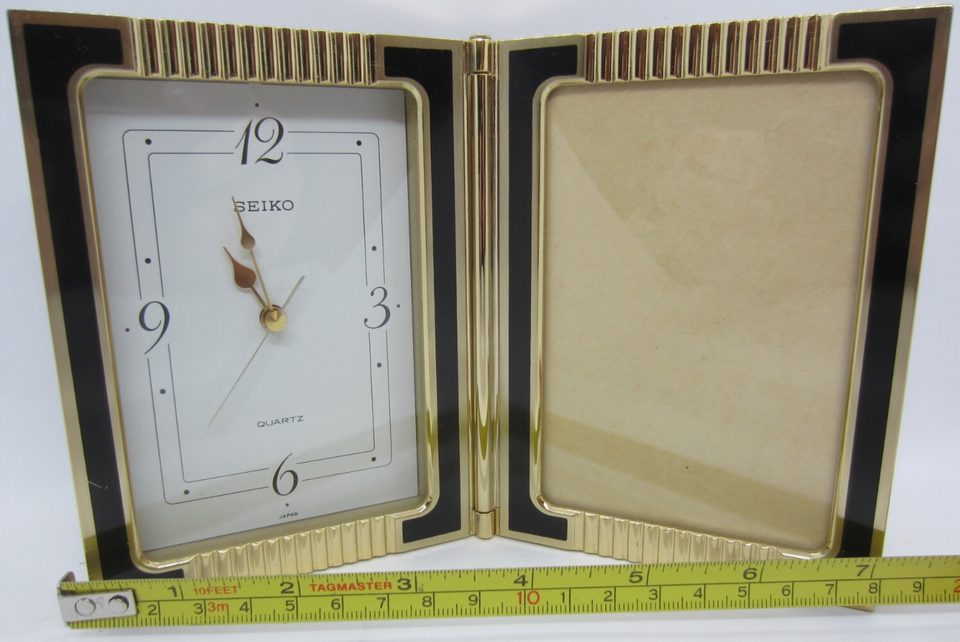VINTAGE SEIKO SEIKOSHA BRASS GOLD BLACK DESK SHELF PICTURE FRAME QUARTZ ...