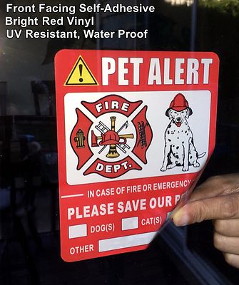 3 PET ALERT Sign Fire Rescue Personnel to Save Dog Cat Bird Vinyl ...