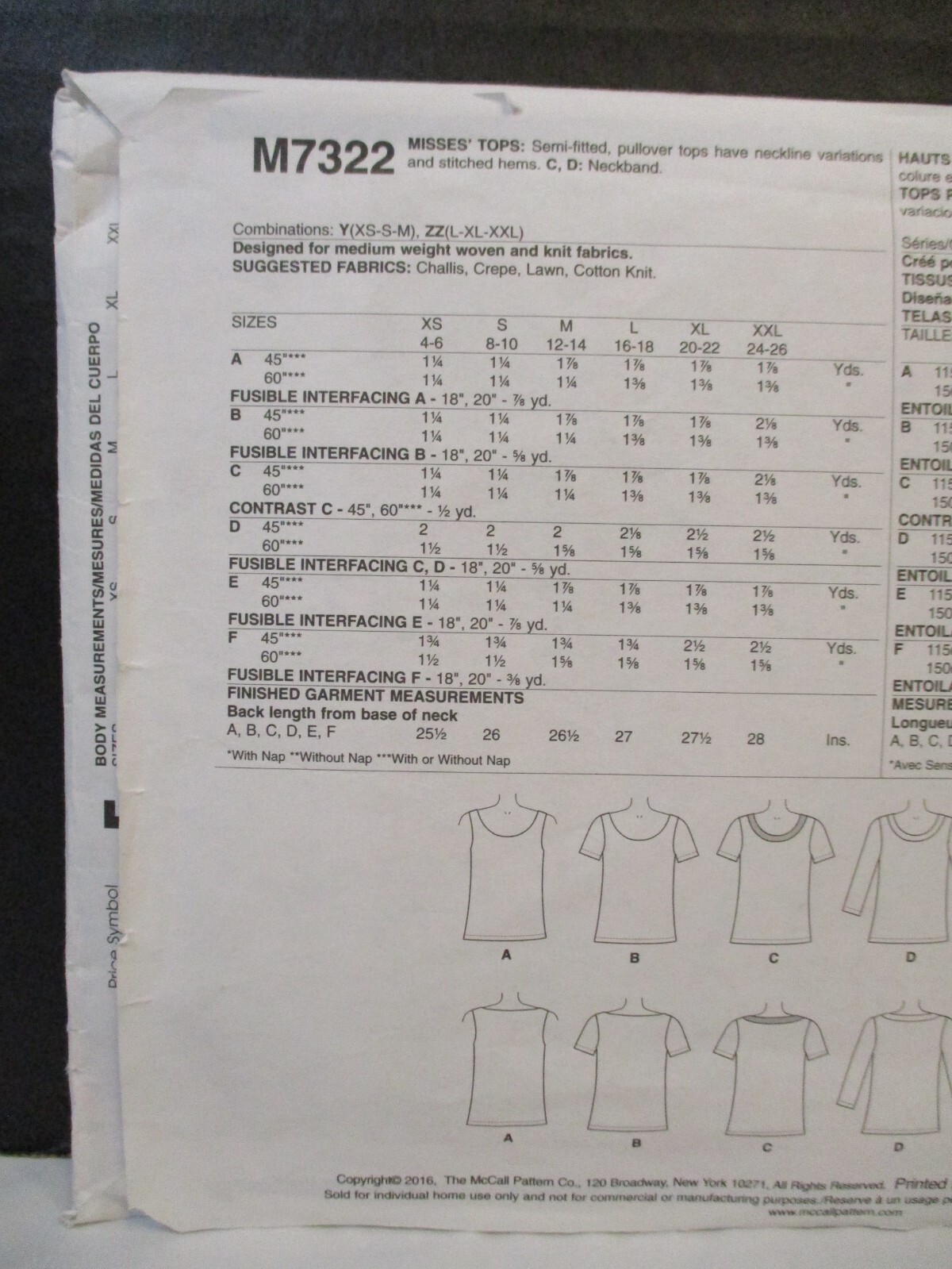 McCall's Pattern M7322 Miss Size L-XL-XXL (16-26) Tops Sleeve Neck ...