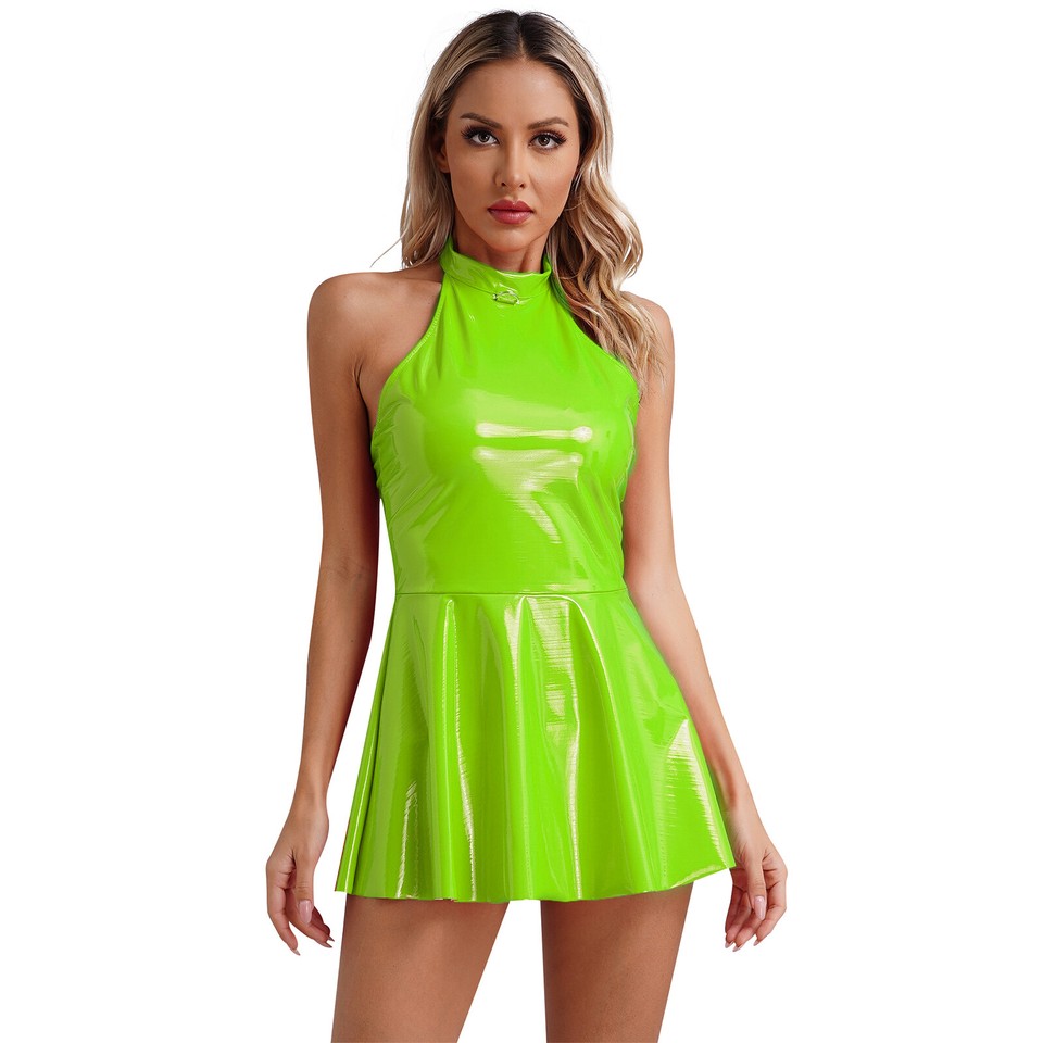 UK Women Wet Look PVC Leather Mini Dress Bodycon Dresses Backless Party ...