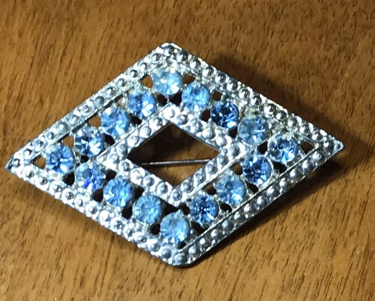 Antique Vintage Round Blue Rhinestone Pin Brooch Whit… - Gem