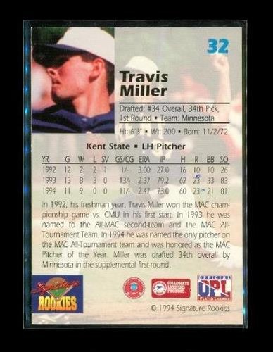 1994 SIGNATURE ROOKIE DRAFT AUTOGRAPH Baseball Card #32 TRAVIS MILLER ...