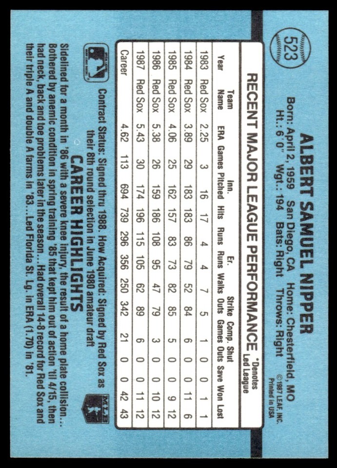 1988 Donruss Baseball Card Al Nipper Boston Red Sox #523 | eBay