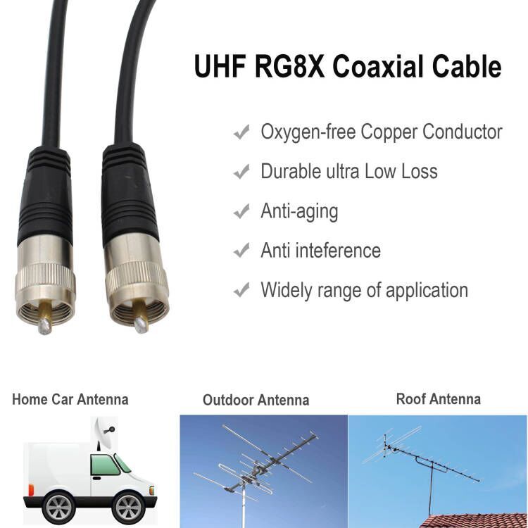 50/100ft RG8x Coaxial Cable UHF PL259 Male to Male Low Loss CB Antenna ...