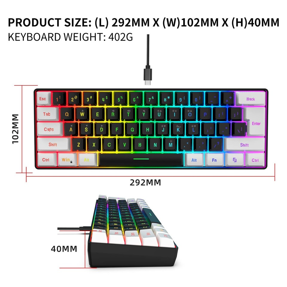 60 Percent Wired Gaming Keyboard RGB Backlit Mini Waterproof Compact ...