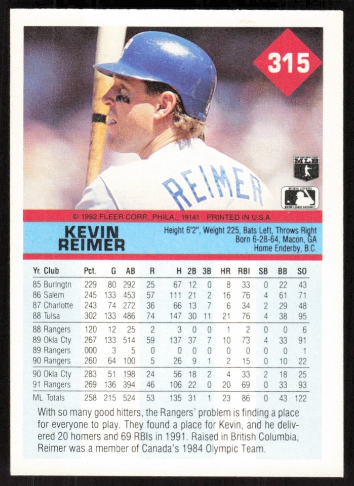 1992 Fleer #315 Kevin Reimer Texas Rangers | eBay