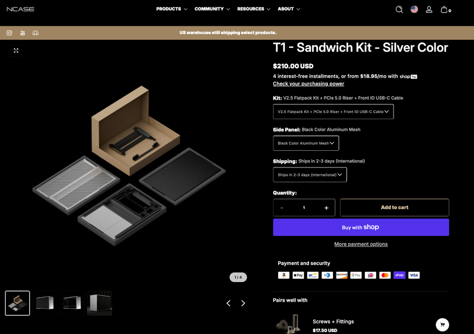 NCASE (FormD) T1 v2.5 Sandwich Kit Silver/Black, 2x PSU Cable, PCIe 5.0 ...