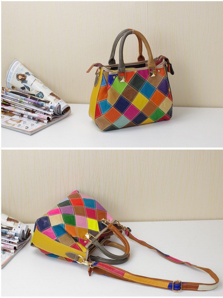 Multi-Color Genuine Leather Patchwork Women Satchel Handbag Tote ...