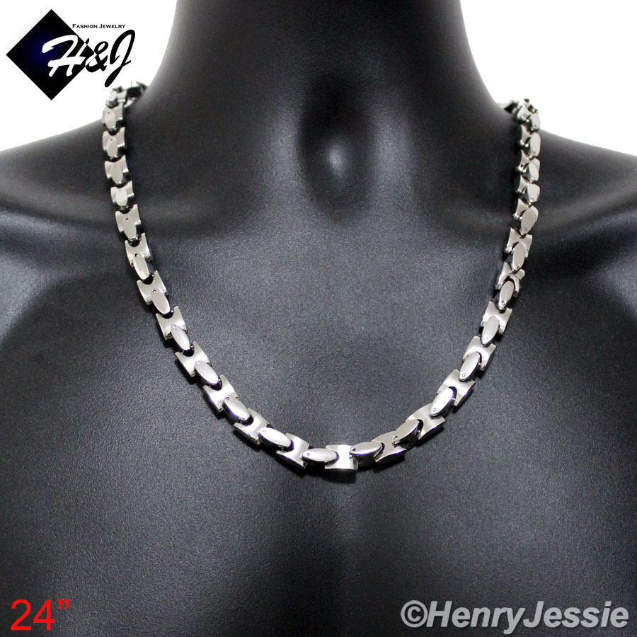 18"-40"MEN Stainless Steel HEAVY 8mm Silver Interlock Bones Link Chain ...