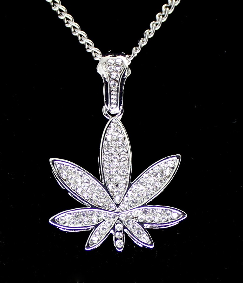 Small Iced CZ Marijuana Pendant 14k Gold Plated Weed 24" Rope Chain ...