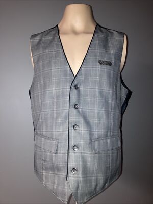 NWT Guess Vest XL Gray Black Mens Button Up Striped Plaid Sleeveless ...
