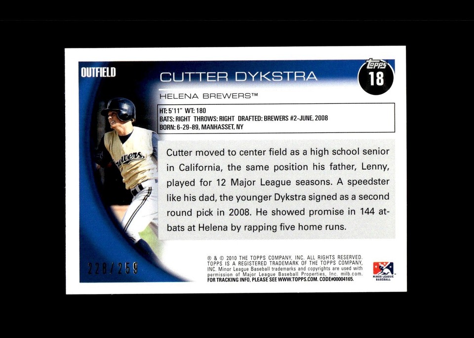 2010 Topps Pro Debut Blue #18 Cutter Dykstra Helena Brewers #/259 | eBay
