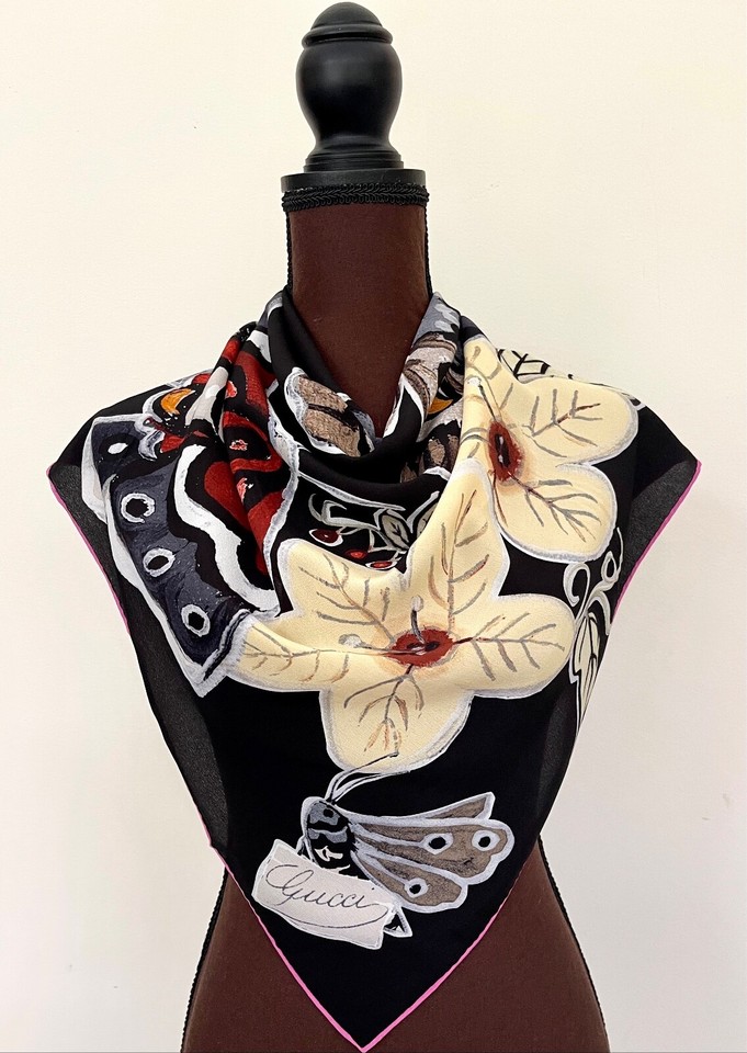 New Gucci Scarf Kris Knight Butterfly Floral Black Silk Head Wrap with ...