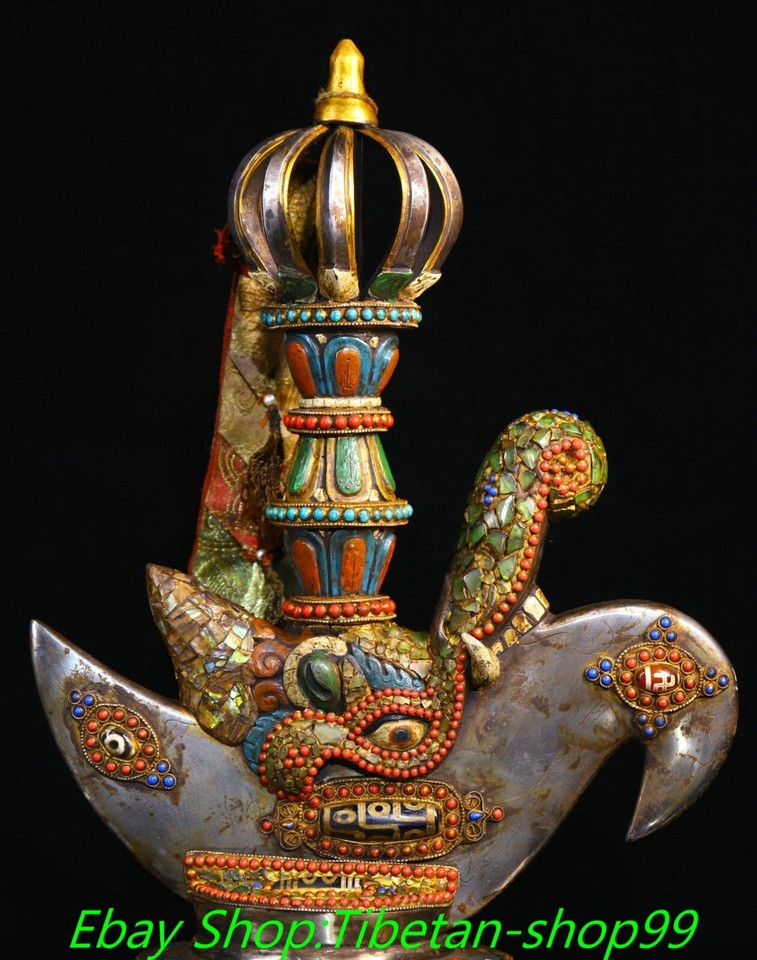 14'' Old Tibet Iron Painting Gold Silver Inlaid Gems Phurba Dagger ...