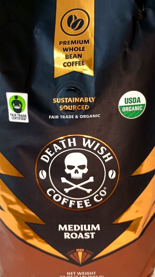 Premium Death Wish Coffee Organic Whole Bean Medium Roast 32 oz 2 LB ...