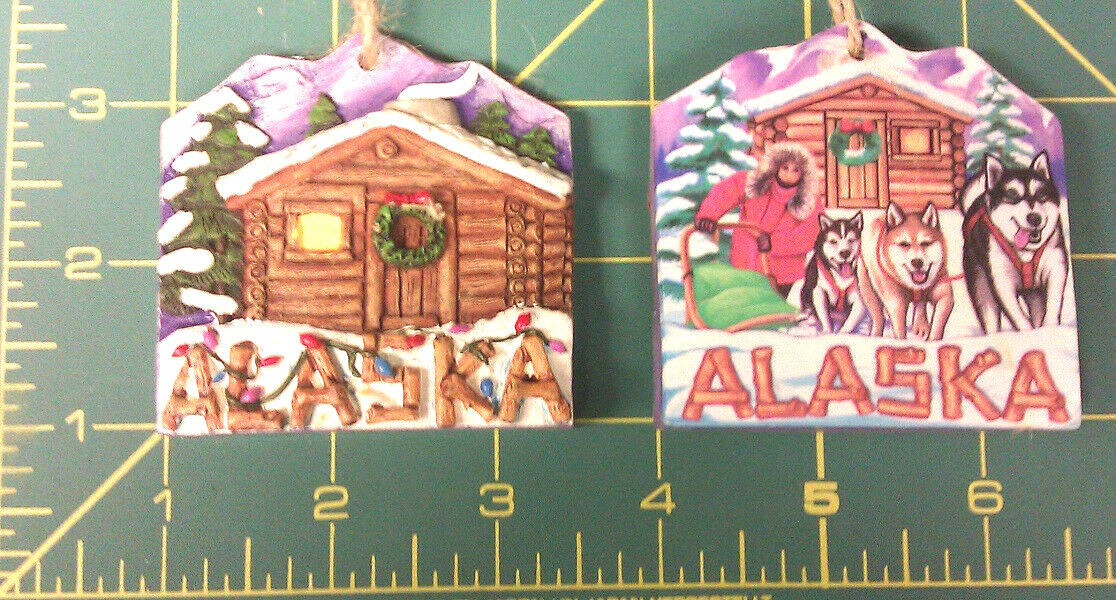 Alaska Souvenir 3D Ornament Log Cabin scene And Dog Musher 2 sided ...