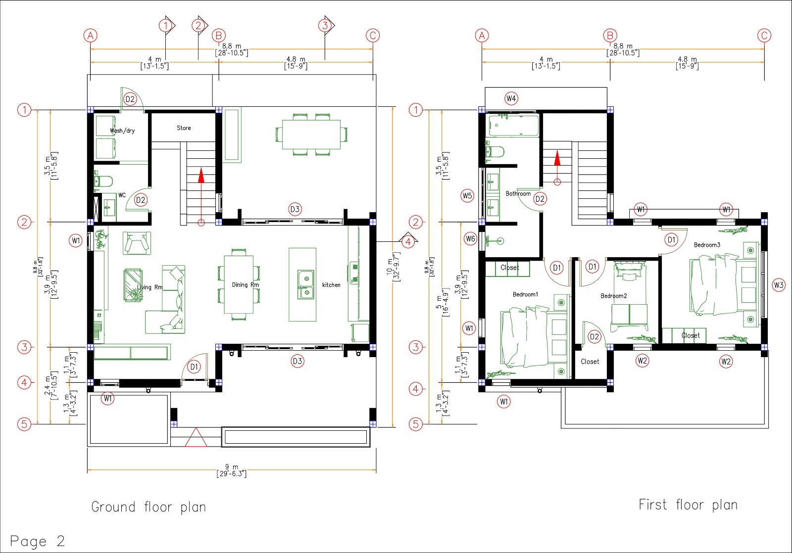 30x33 Simple House Plan 9x10 Meter 3 Bed 2 Bath Terrace Roof (PDF &A4 ...