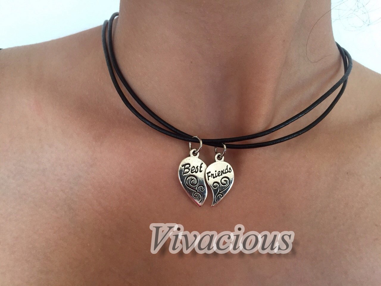 100% Genuine Leather Best Friends Love Heart Choker Necklace 1990s ...