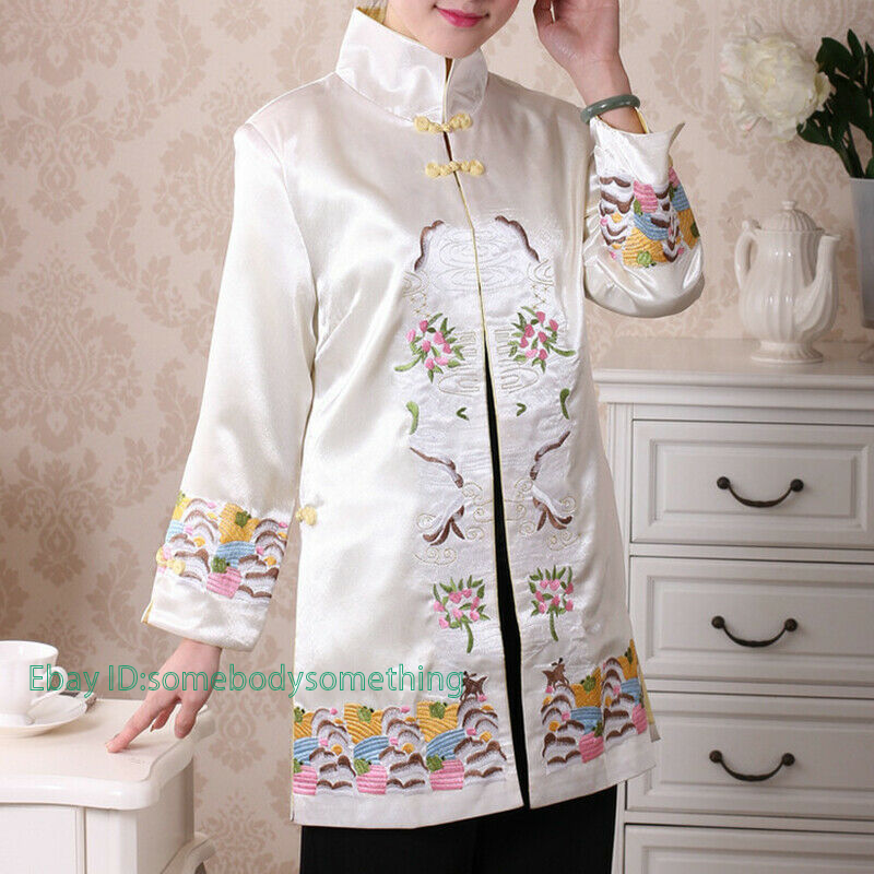 Womens Embroidery Imitated Silk Satin Chinese Style Tang Coat Long ...