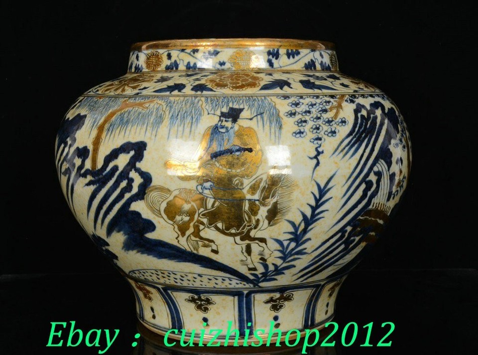 12.5'' Old Yuan Dynasty Blue White Porcelain Gilt Gui Guzi Crock Pot ...