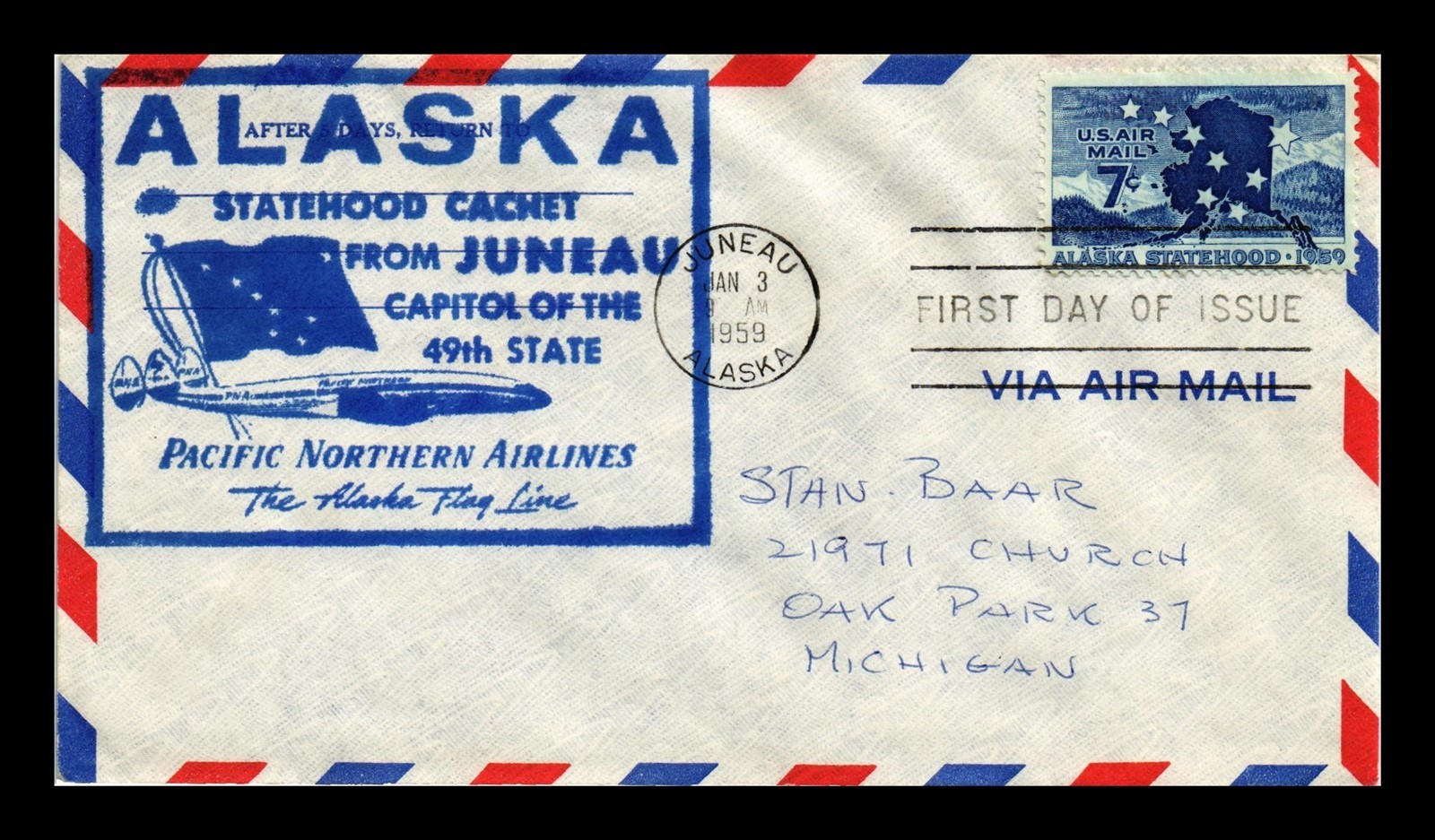 DR JIM STAMPS US COVER ALASKA STATEHOOD AIR MAIL FDC SCOTT C53 JUNEAU ...