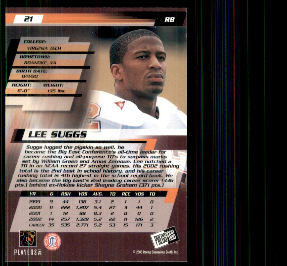 2003 Press Pass Lee Suggs Virginia Tech Hokies #21 | eBay