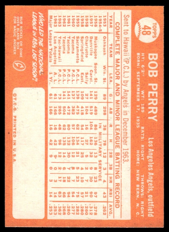 1964 Topps Bob Perry ≥ RC Los Angeles Angels #48 | eBay
