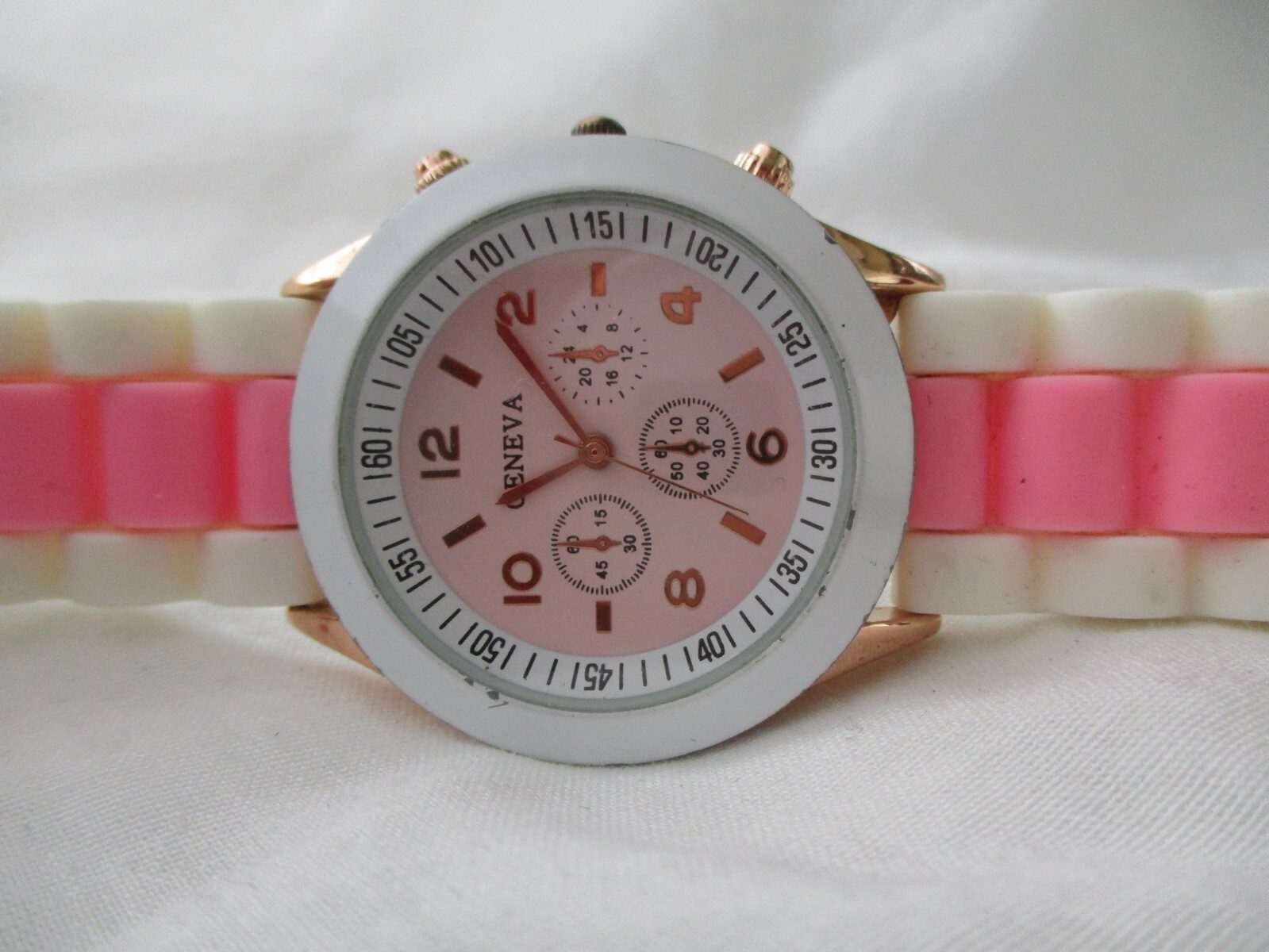 Geneva Watch Pink & White Copper Toned Round Face Stylish WORKING! | eBay