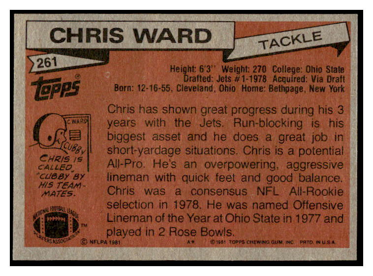 1981 Topps #261 Chris Ward New York Jets Rookie Excellent | eBay