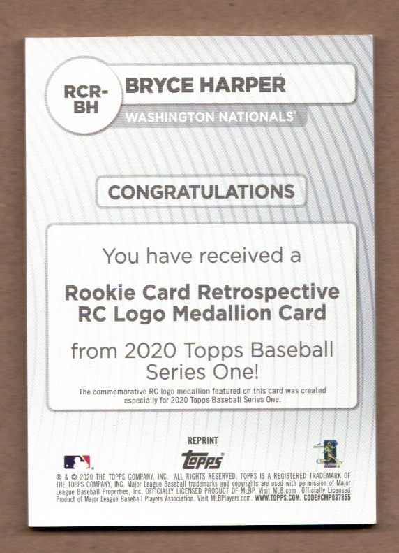 2020 - Topps - Retrospective RC Logo Medallion Card Bryce Harper #RCR ...