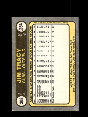 Chicago Cubs Jim Tracy #308 Fleer Baseball Near Mint or Better Rookie ...