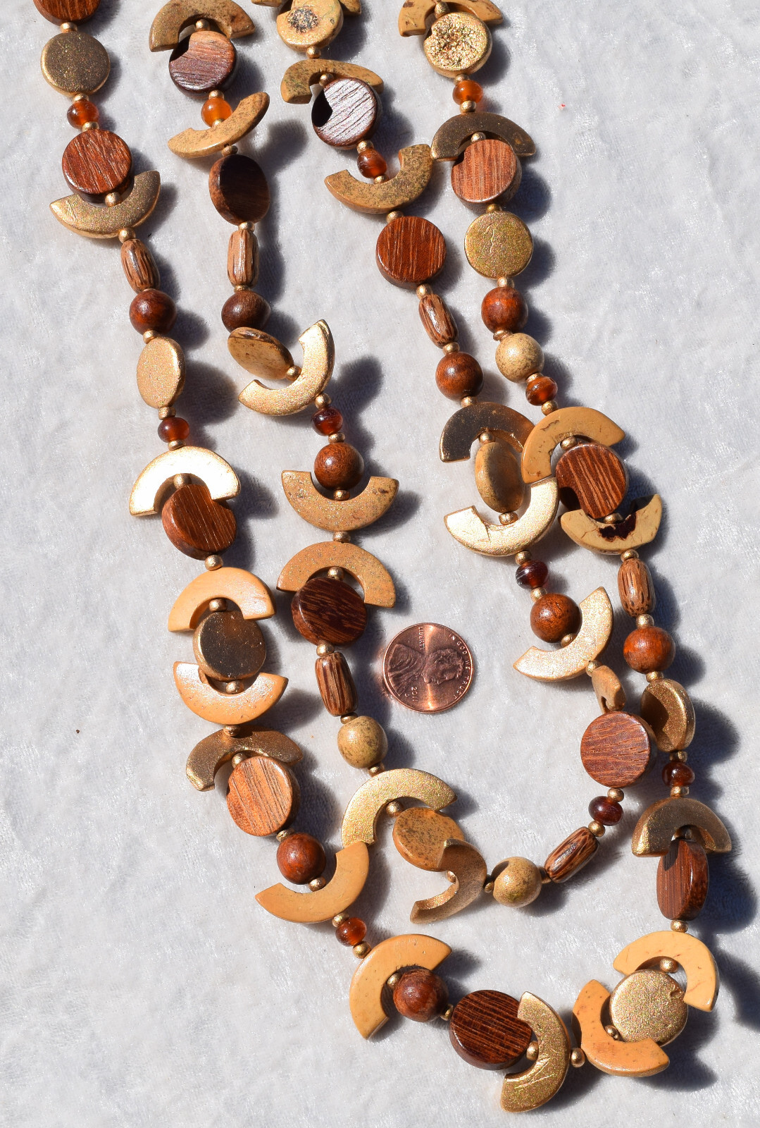 Wood Beaded Double Strand Necklace Geometric Shapes 30 Inch Hook Clasp ...