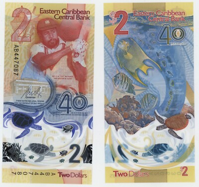 East Caribbean 2 Dollars 2023 P 61 UNC Uncirculated Banknote 40th Ann ...