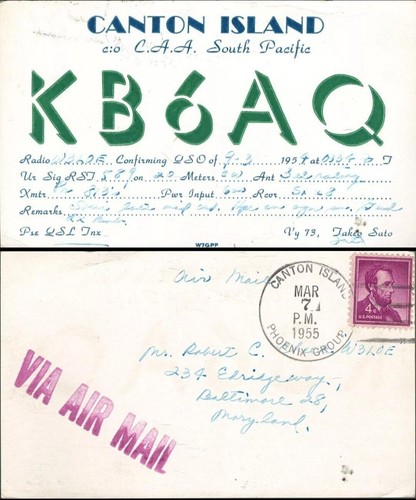 Postcard Canton Island QSL Card Sent by Airmail to Baltimore 1955 Pan ...