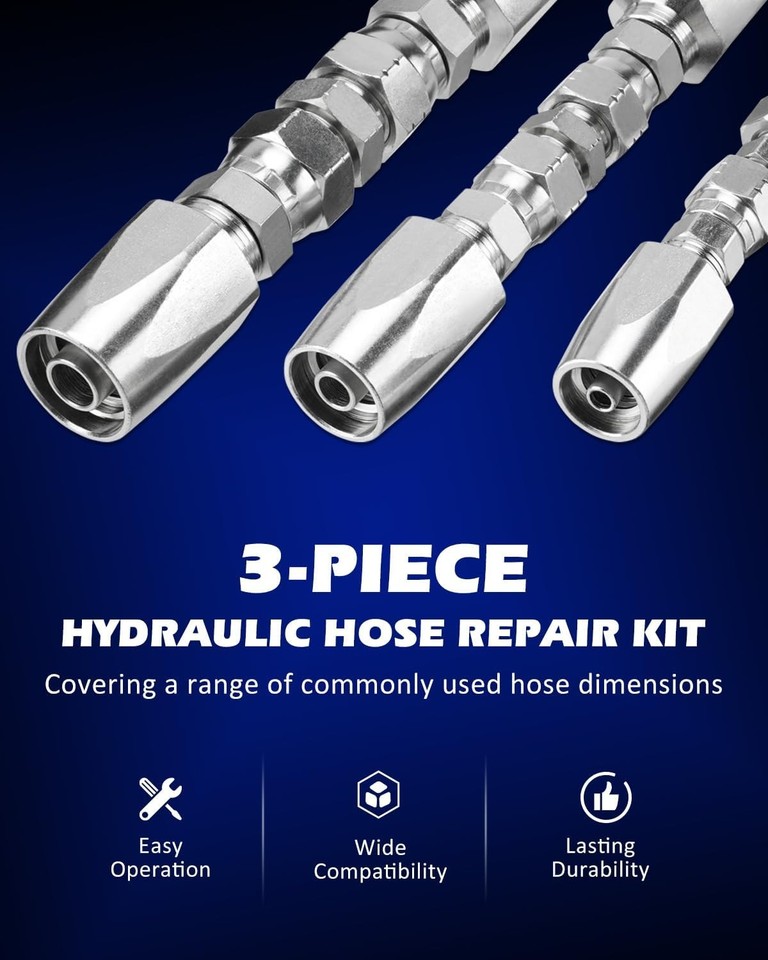 3 PCS Hydraulic Hose Repair Kit 1/4 3/8 1/2 ID- Reusable Field Repair ...