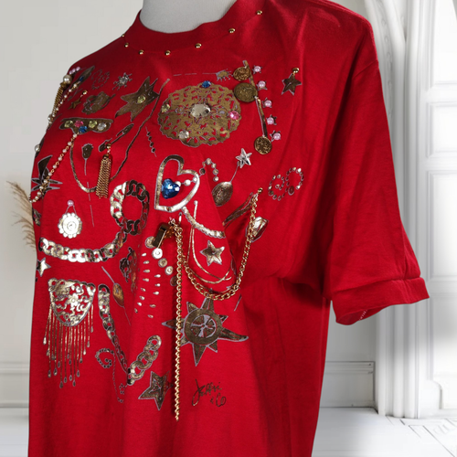 Vintage 80s Embellished Red T Shirt OSFA Crew Red Metallic Gold Single ...