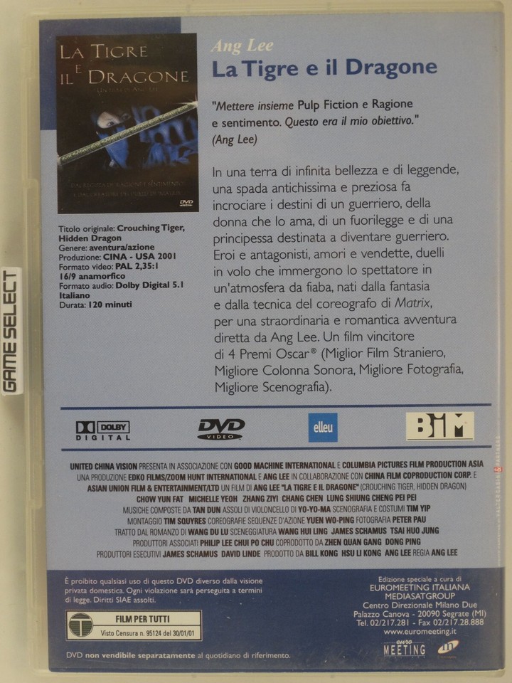 The Tiger And The Dragon A Film By Ang Lee Movie DVD ORIGINAL ITALIAN ...