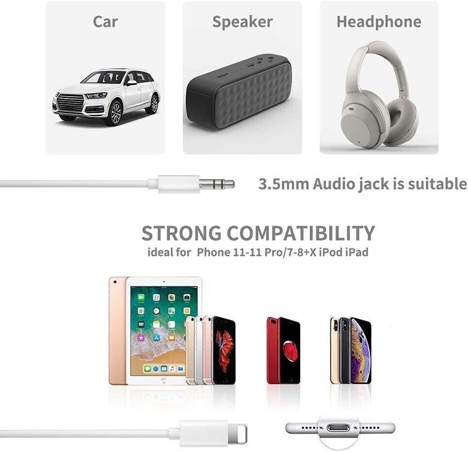 White for Car Stereo AUX Audio 8pin to 3.5mm For iPhone AUX Cord Cable ...