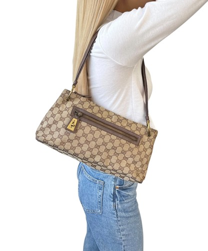 GUCCI Vintage GG Monogram Shoulder Bag Brown Gold Turn Lock Canvas ...