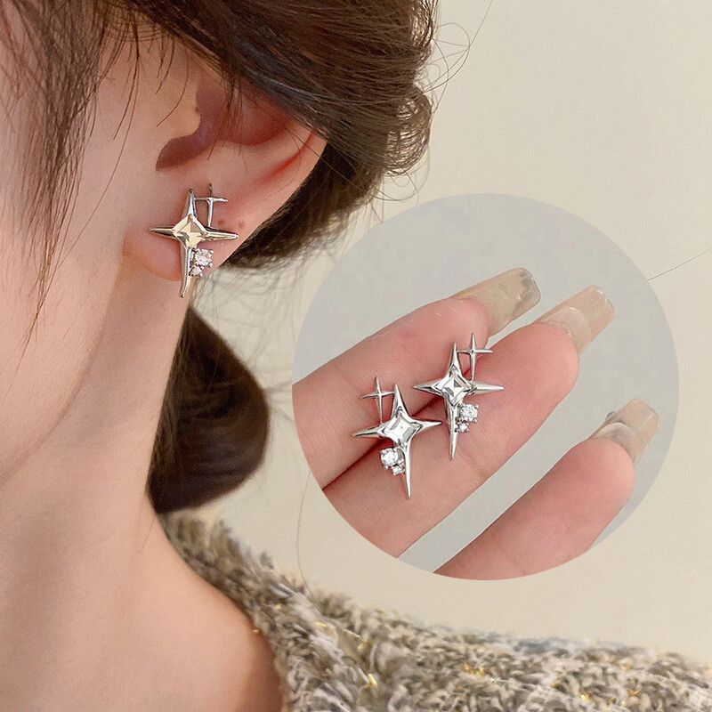 1Pair Personality Fashion Silver Color Four-Pointed Star Zircon Stud Earrings | eBay