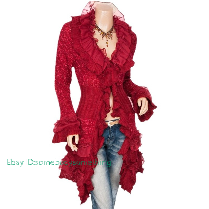 Ladies Sweater Knitted Coat Long Jacket Cardigan Lace Ruffle Jumper ...
