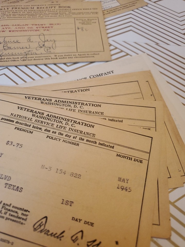 Large Lot Veteran's Administration Life Insurance Reciepts 1940s WWII ...