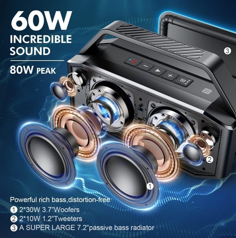 W-King D9-1 60W RMS Boom Box Portable Bluetooth Party Speaker ...