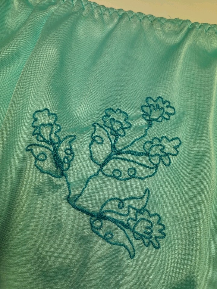 Vtg Teal Satin With Embroidery Front Design Nylon Gusset Sz10 01045 | eBay