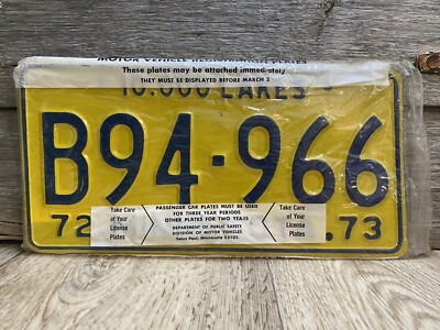 Minnesota License Plate 1972, 1973 MN B94-966 Single Issued 72/73 New ...
