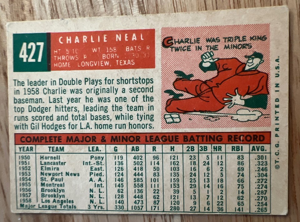 1959 Topps Charlie Neal Los Angeles Dodgers #427. A189 | eBay